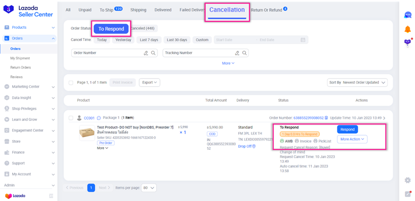Cancellation at RTS| Lazada Seller Center
